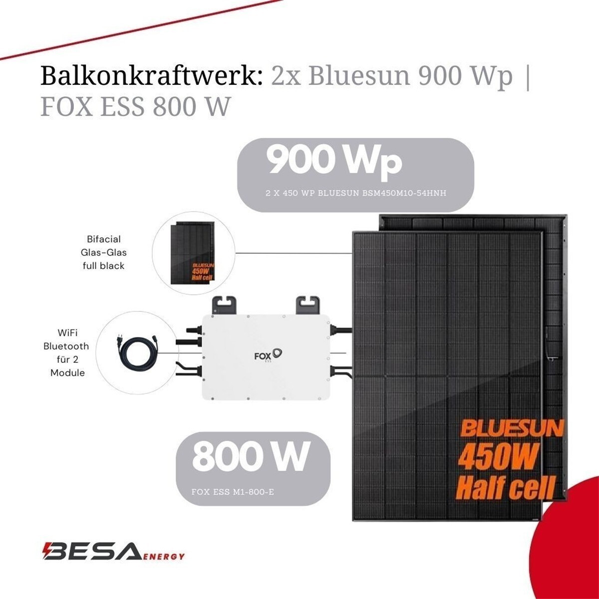Balkonkraftwerk 900W: Bluesun 450Wp + Fox ESS 800W, 236,81